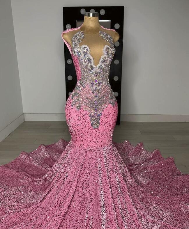 Luxury Pink Sequin Prom Dresses, Ab Crystal Queen Dress For Black Girls ...