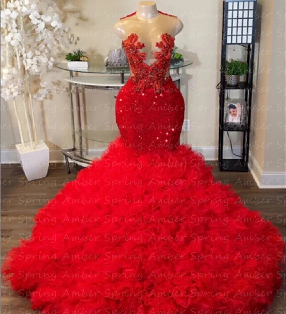 Amazing Red Puffy Prom Dresses Crystal Lace Applique Mermaid Ruched ...